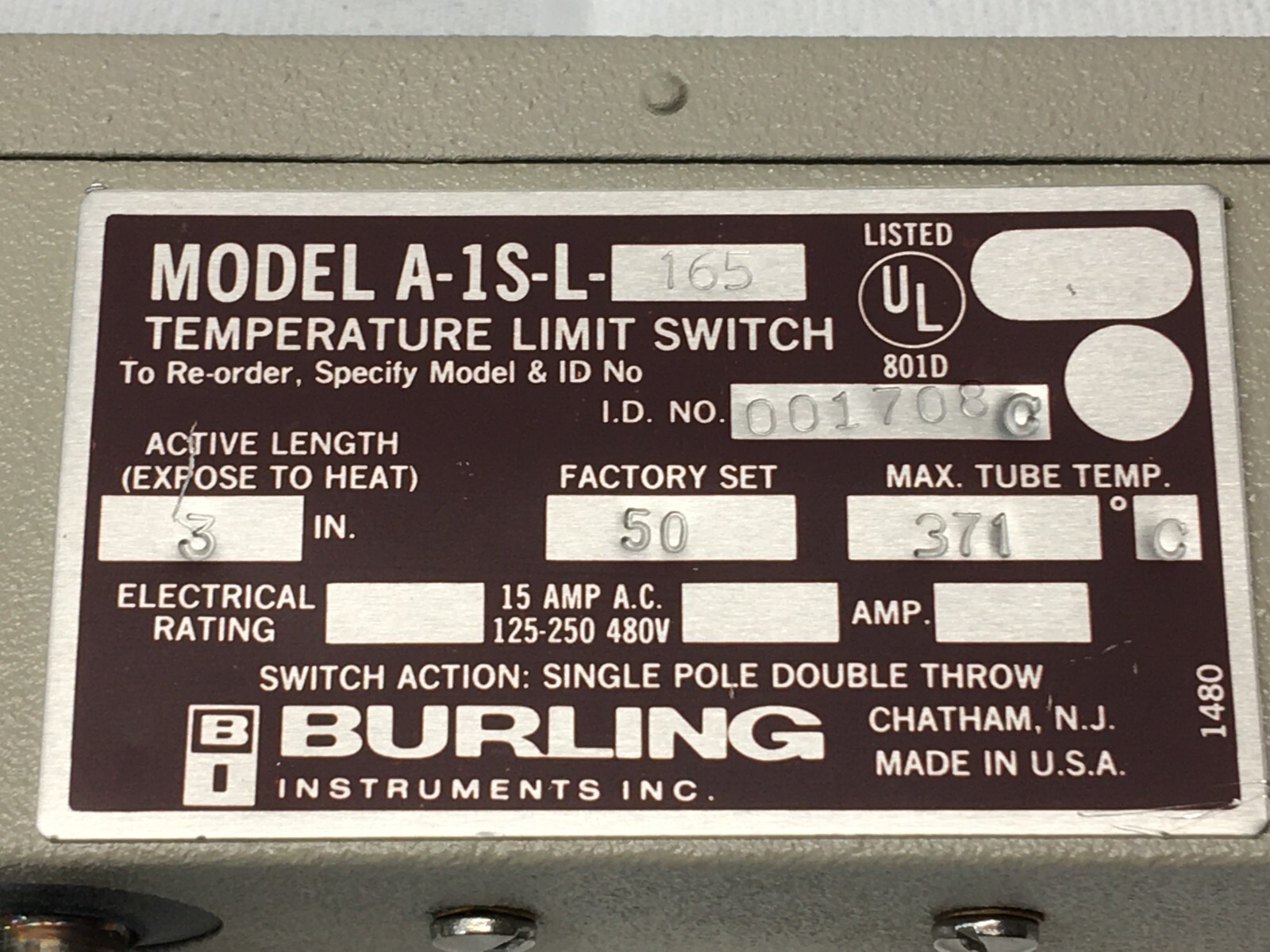 BURLING A-1S-L-165 TEMPERATURE LIMIT SWITCH, 130256 | eBay