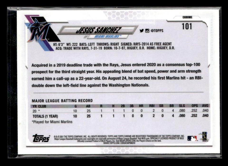 2021 Topps Chrome #101 Jesus Sanchez Rookie Card Miami Marlins | eBay