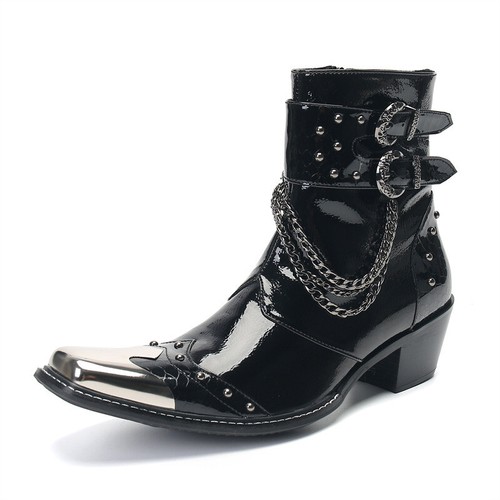 Buckle Mens Motorcycle Chains Ankle Boots Real Leather Western Heel Zip ...