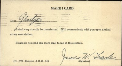 RARE WWII Mark I Card transfer notice 1943 James W Trader to G Moyer ...