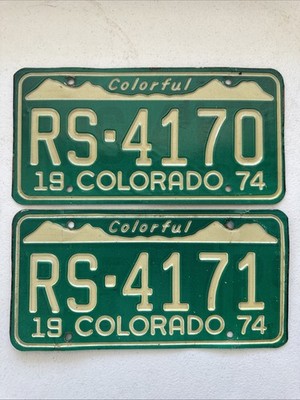 1974 Colorful Colorado License Plate Sequential Tag Set Plates RS-4170 ...