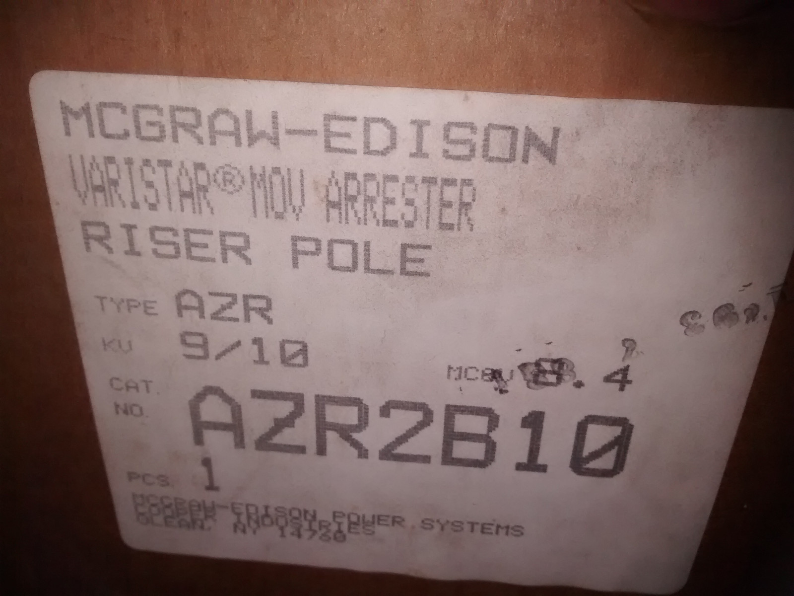 McGraw-Edison Varistar Riser Pole AZR Heavy Duty MOV Surge Arrester ...
