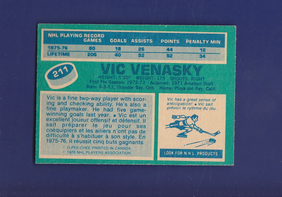 Vic Venasky 1976-77 O-PEE-CHEE OPC NHL Hockey #211 (EXMT) Los Angeles ...