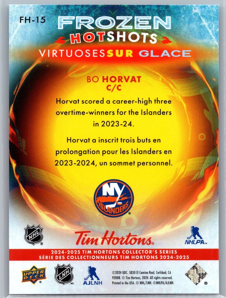 2024 Tim Hortons Bo Horvat Frozen Hot Shots #FH-15 New York Islanders ...