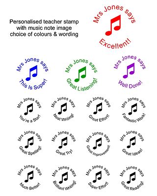 personalised teacher stamp 19mm (music notes) great listening work ...