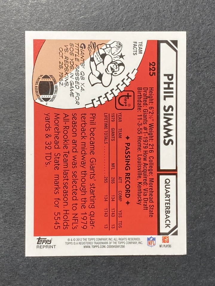 2012 Topps Rookie Reprint #225 Phil Simms New York Giants Football Card ...