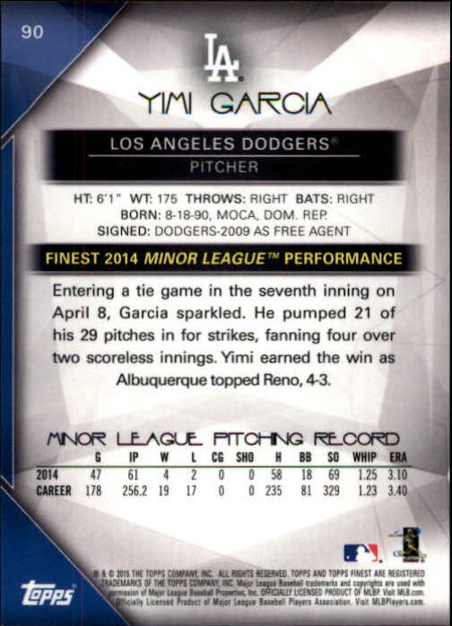2015 Finest Blue Refractors Dodgers Baseball Card #90 Yimi Garcia /150 ...