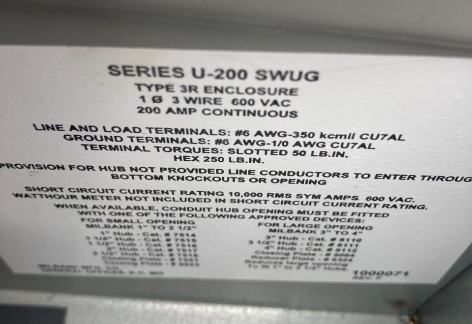 JUST THE COVER Milbank Meter Socket Parts Pan Series U-200 SWUG, Type ...