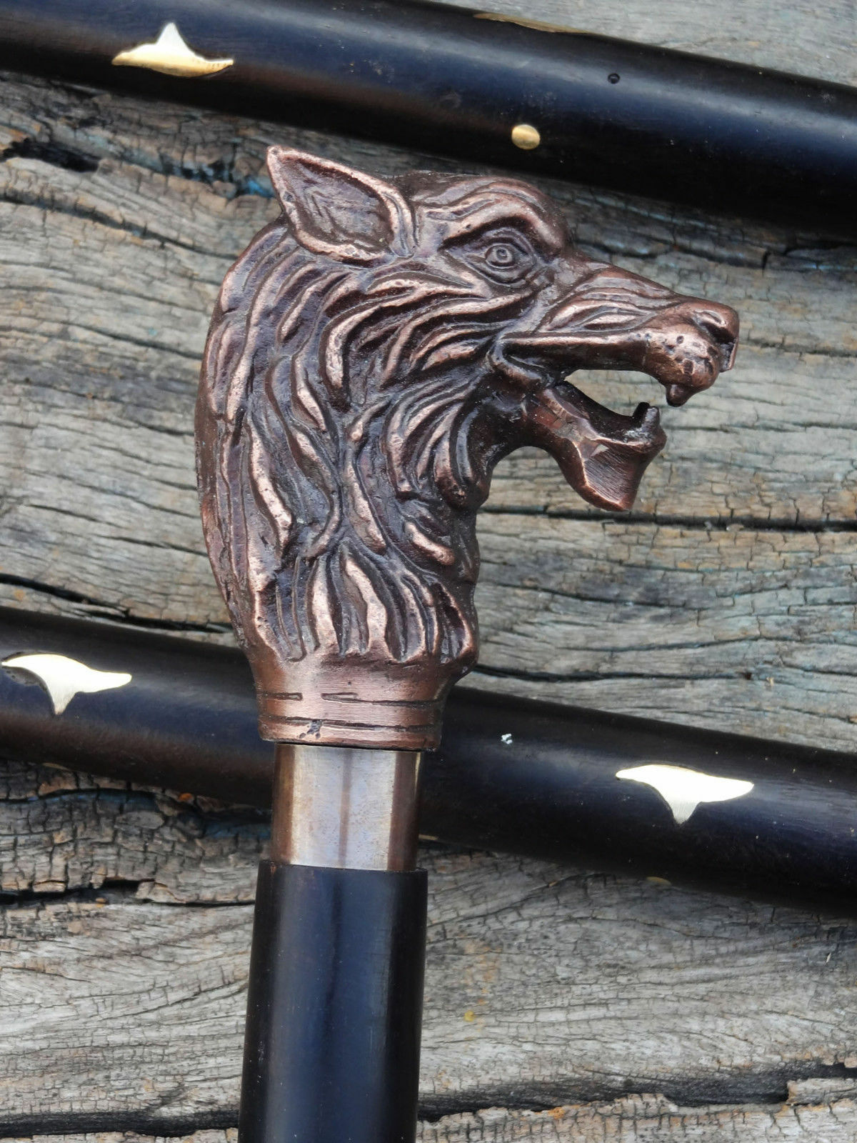 Antique Brass Wolf Style Head Handle Black 3 Fold Woo… - Gem