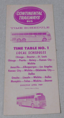 1969 Continental Trailways bus time table Chicago Kansas City Omaha ...