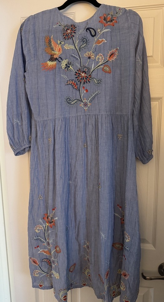 Johnny Was Medium Nya Tiered Knit Embroidered Dress Blue Bohemian Beach ...