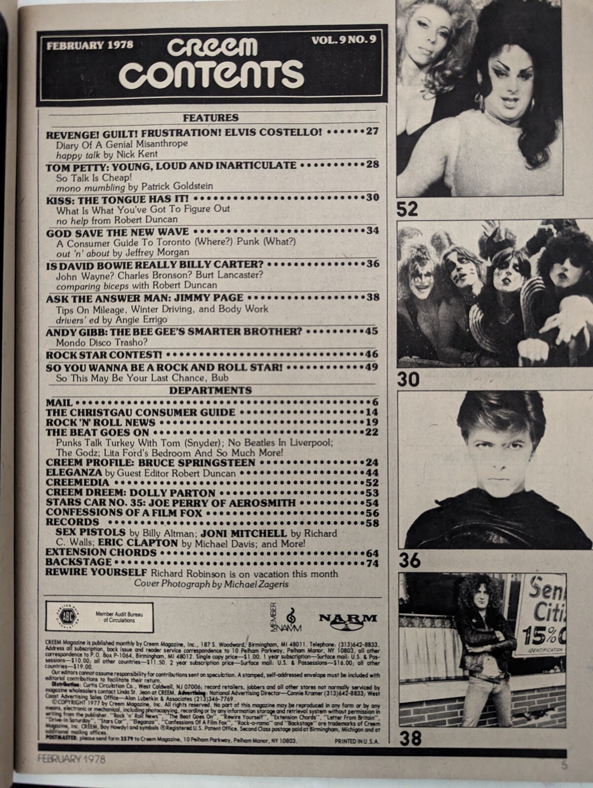 Creem Magazine February 1978 Led Zeppelin, Bowie, KISS, Elvis Costello ...