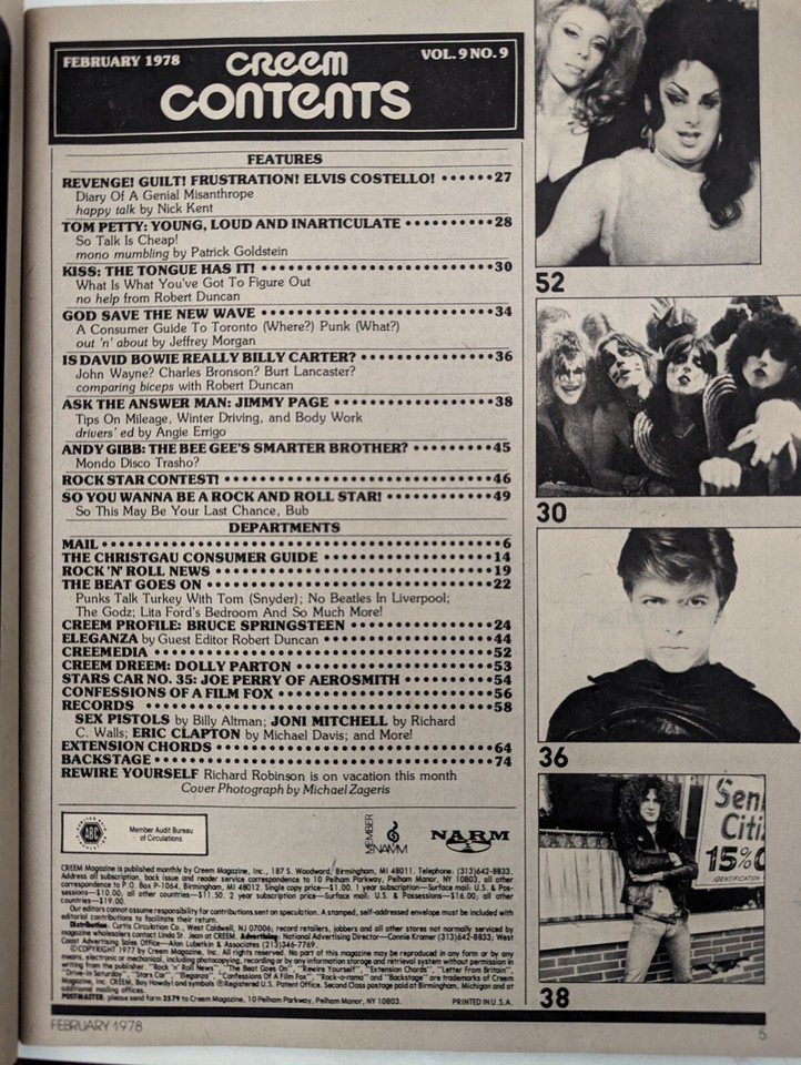 Creem Magazine February 1978 Led Zeppelin, Bowie, KISS, Elvis Costello ...