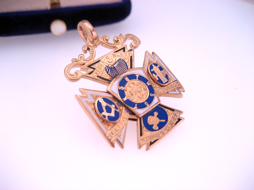 Antique 1900's MASONIC 14K Gold Blue Enamel Maltese Cross Watch Chain ...