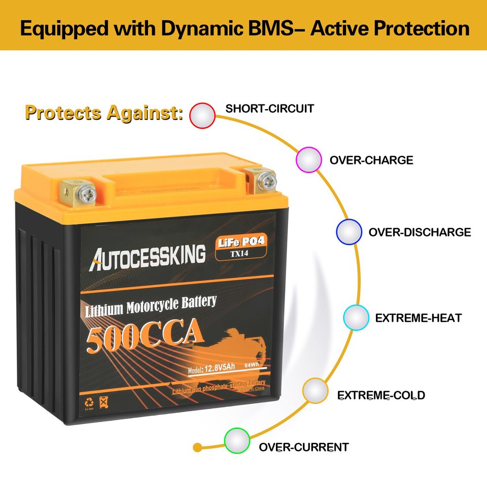 Autocessking YTX14-BS LiFePO4 Lithium Motorcycle Battery 500A 12V 5AH ...