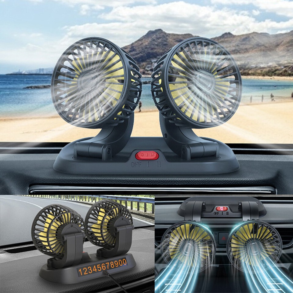 12V Car Dual Head Cooling Fan 360° Rotatable Portable Auto Truck Air ...