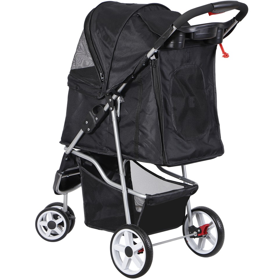 Dog Stroller 3 Wheels Foldable Cat Pet Stroller with Storage Basket ...