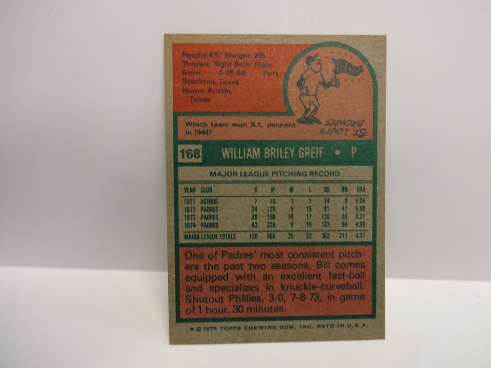 1975 Topps Bill Greif San Diego Padres Card #168 | eBay