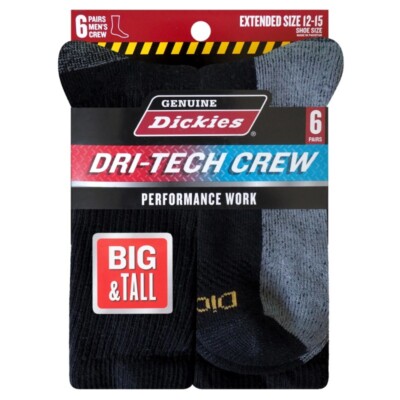 Dickies Men's Dri-Tech Crew Sock, 6-Pack Black Size 12-15 | eBay