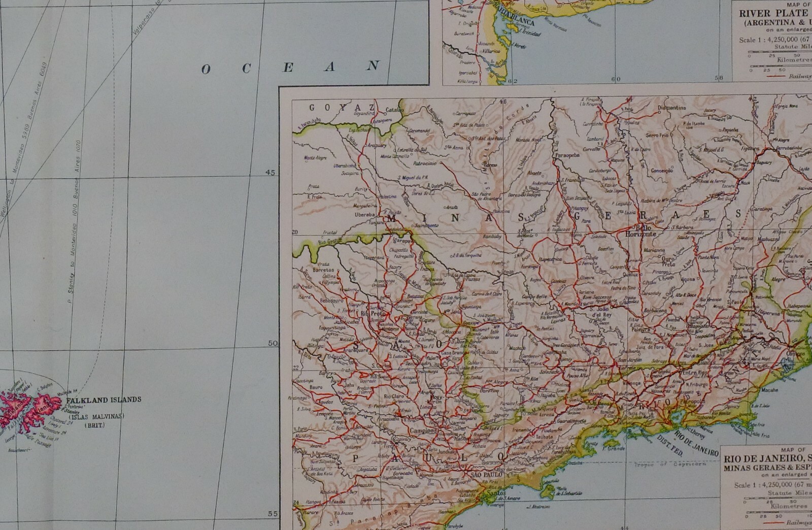 1933 MAP SOUTHERN SOUTH AMERICA ARGENTINA FALKLAND CHILE RIO DE JANEIRO ...