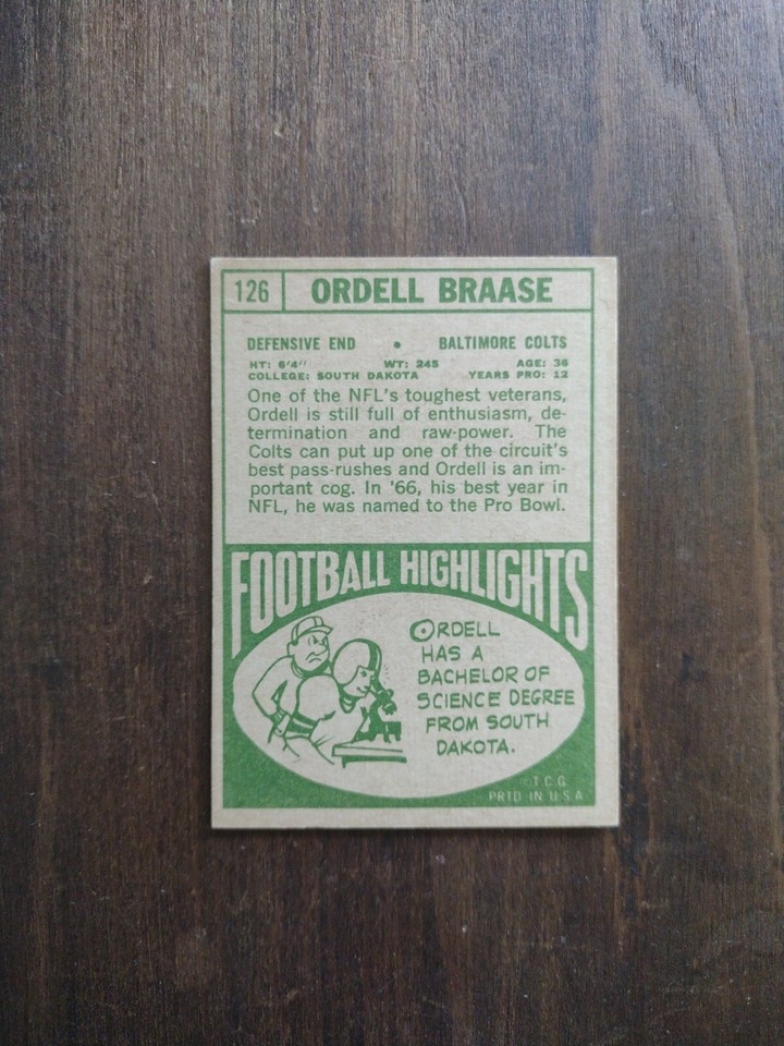 1968 Topps #126 Ordell Braase Baltimore Colts RARE CENTERED VERSION EX ...