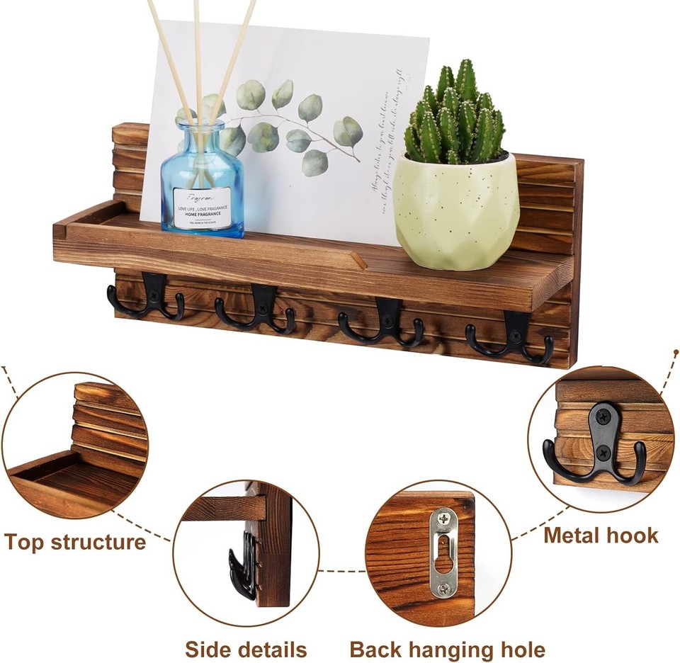 WeBravery Decorative Key Hanging Rack With 4 Double Hooks Natural Wood ...