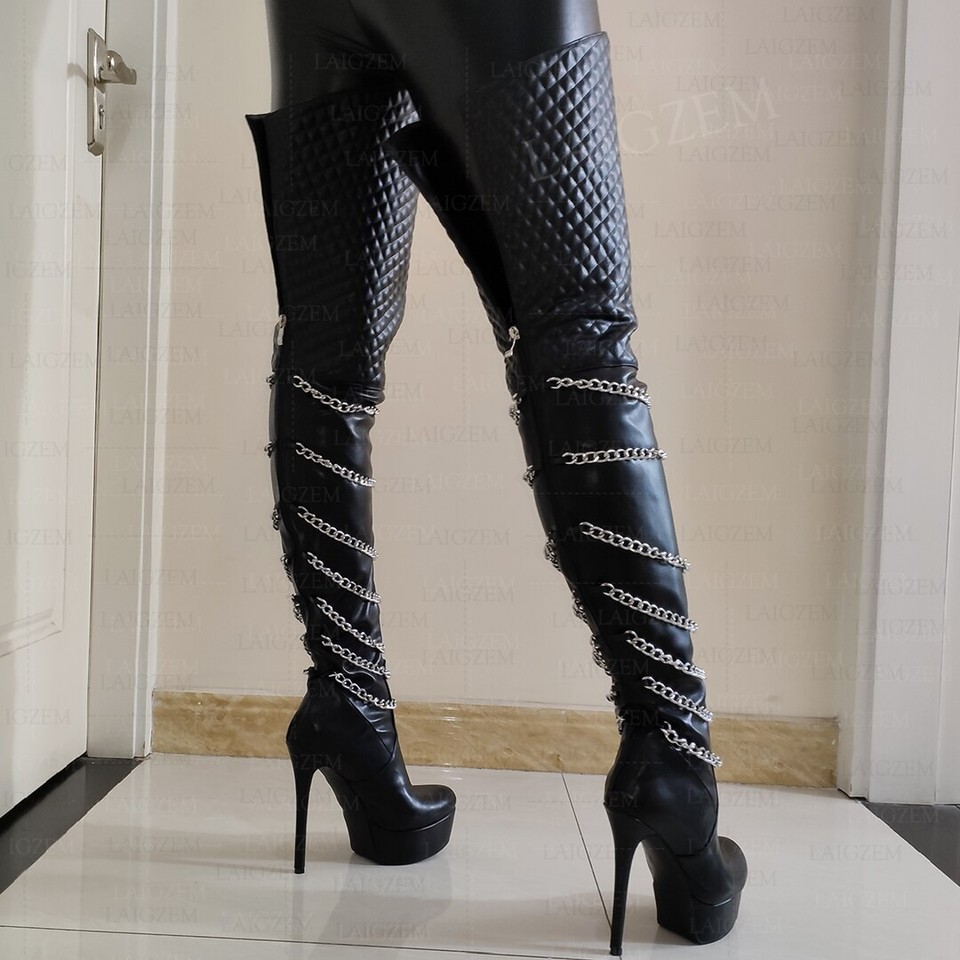 Women Thigh High Boots Platform Round Toe Back Zip Stiletto Heels Boots ...
