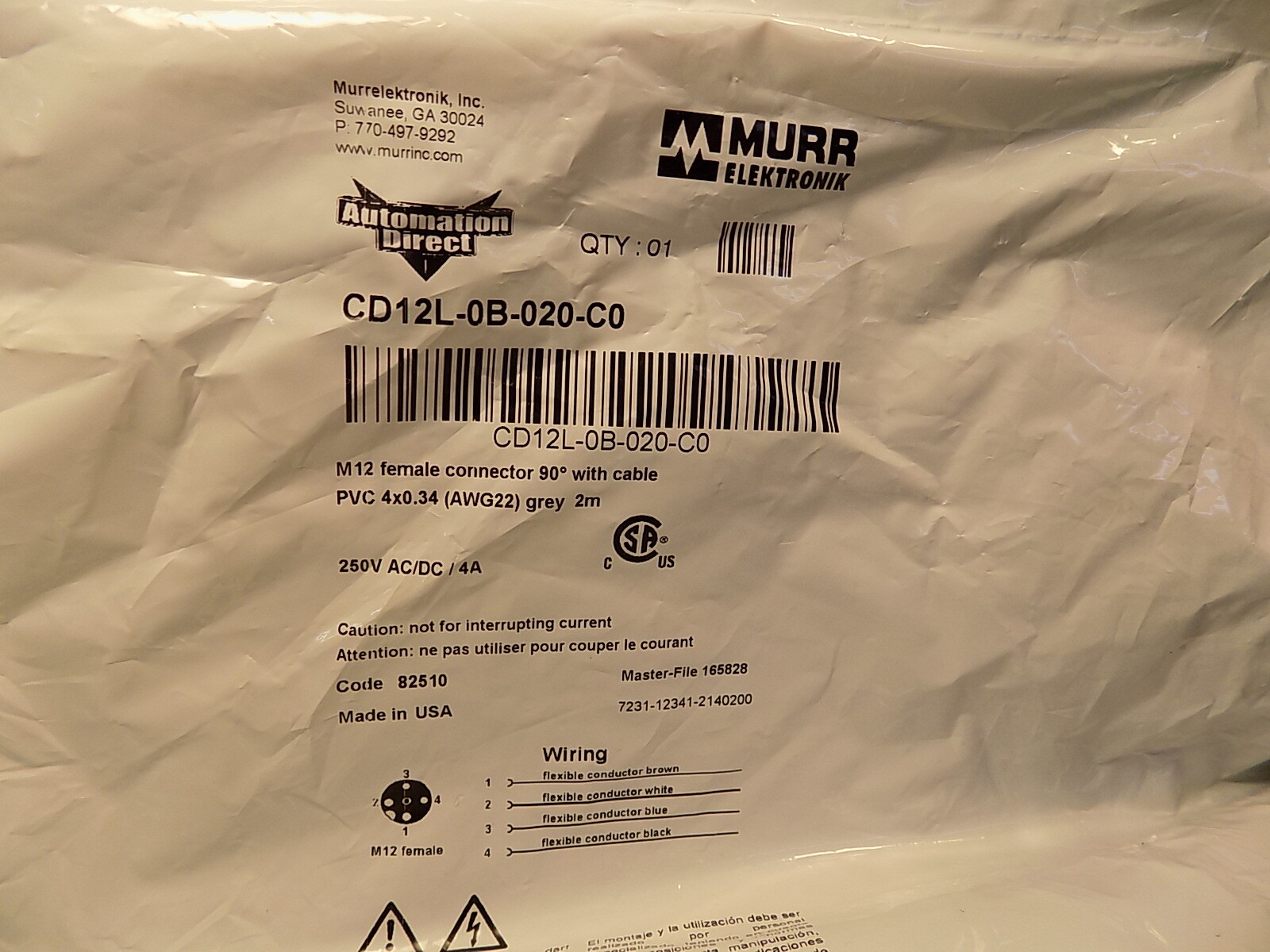 Lot of (1) Automation Direct CD12L-0B-020-C0 4 Pin Micro Cable 2 Meter ...