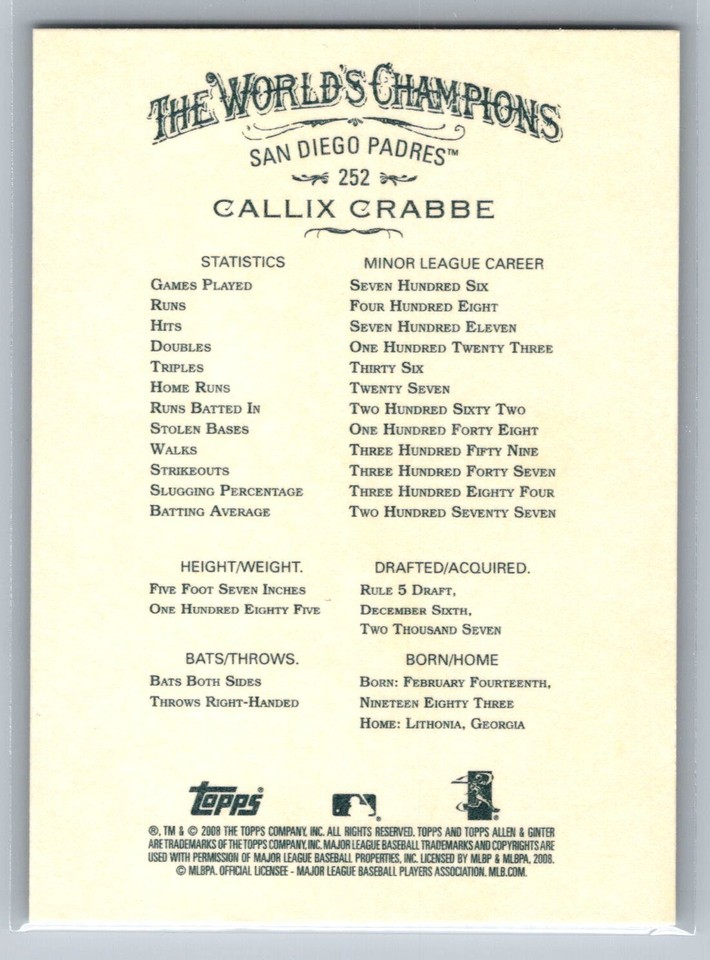 2008 Topps Allen & Ginter Baseball #252 Callix Crabbe San Diego Padres ...