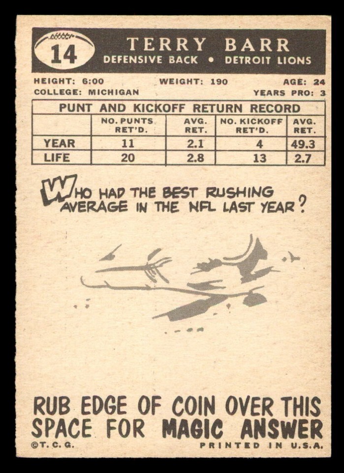 1959 Topps Football #14 Terry Barr EX/MT | eBay