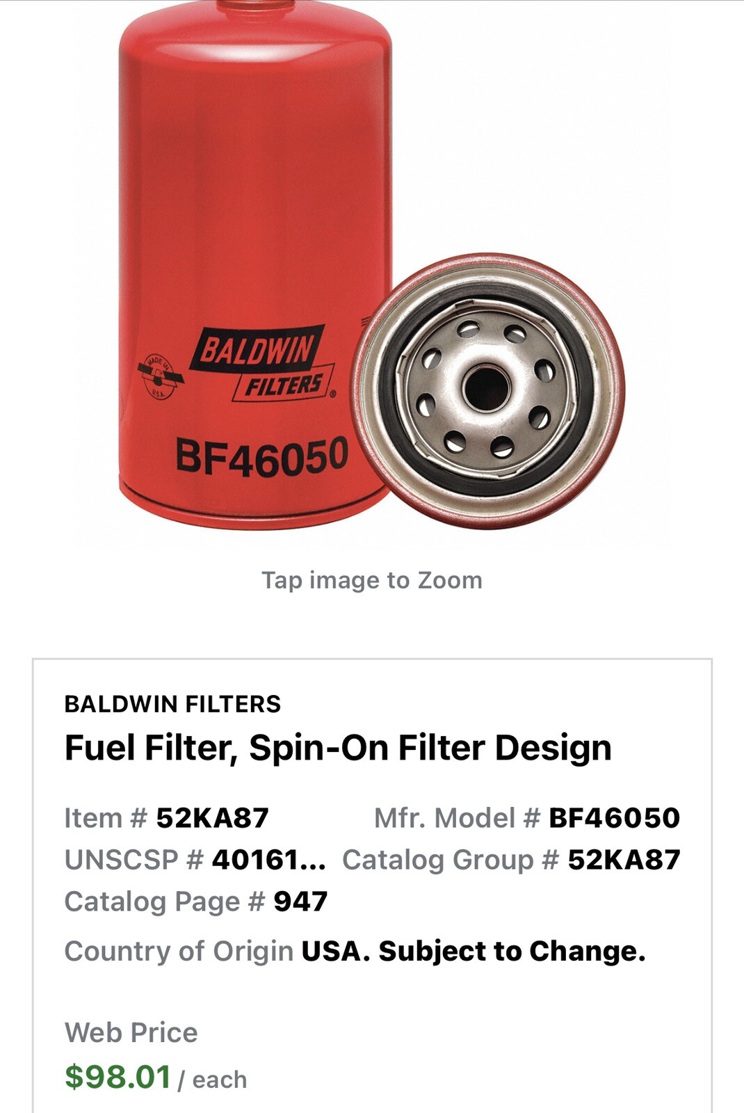 BALDWIN BF46050 - Fuel filter cross reference