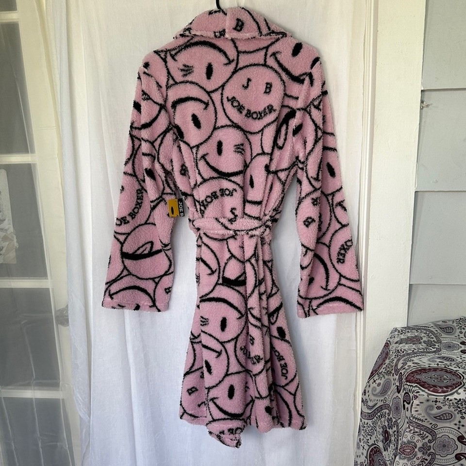 Joe Boxer Plush Robe Luxe Cozy Smiley Face Graphic Logo Print Sz M NWT ...