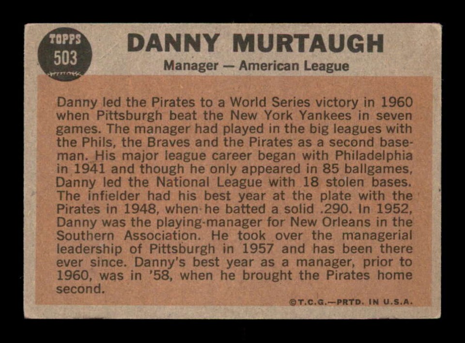 1962 Topps #503 Danny Murtaugh MG VG X2989277 | eBay