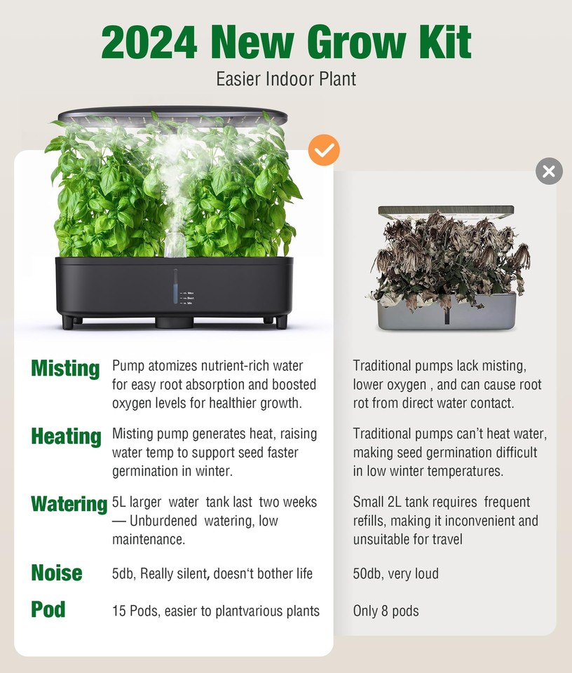 Misting Hydroponic Growing System 15 Pods Herb Garden Kit Indoor, 5L ...