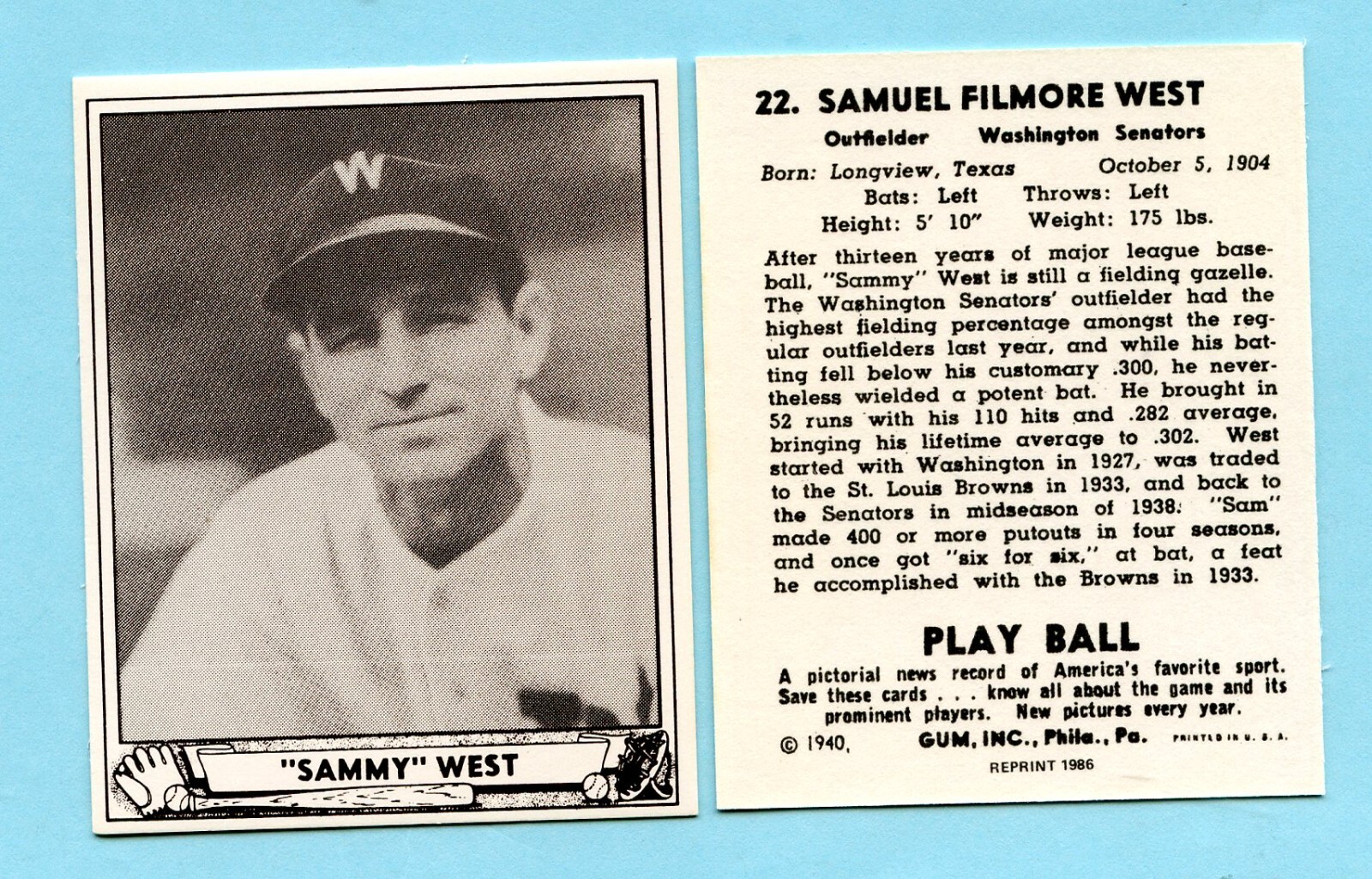 1940 Playball Reprint # 22 Sammy West -- Washington Senators | eBay