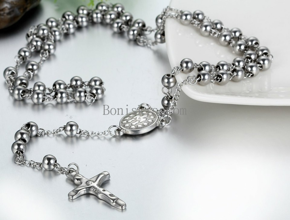 Men Women Stainless Steel 30 Inch Chain Rosary Necklace 6mm Beads w ...