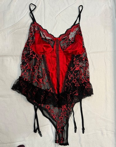 VINTAGE SEXY 80s Red Black Lace Mesh Lingerie Teddy Garters Romper 5X ...