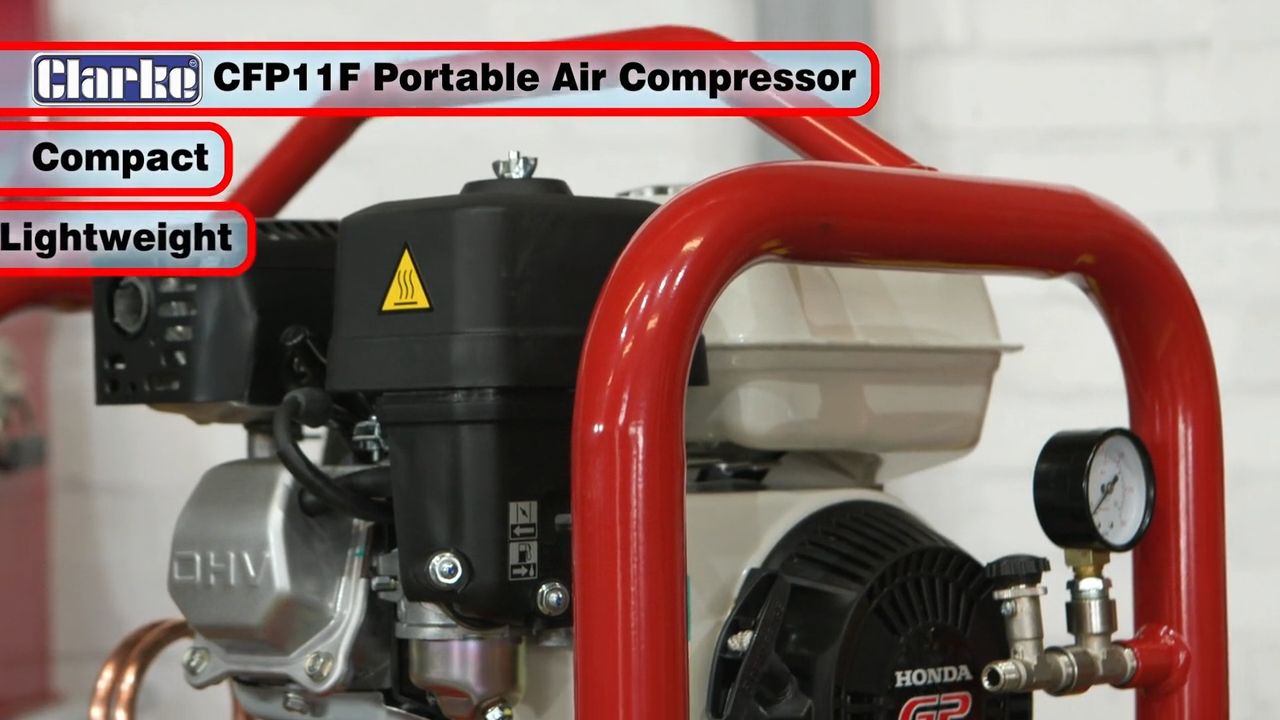 CLARKE AIR COMPRESSOR CFP11F PORTABLE COMPACT 4.8HP PETROL ENGINE ...