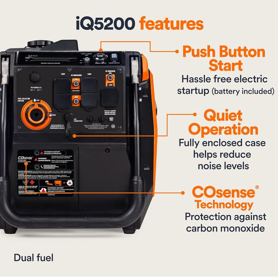 Generac 5,200-W Portable Dual Fuel Inverter Generator, Electric Start ...