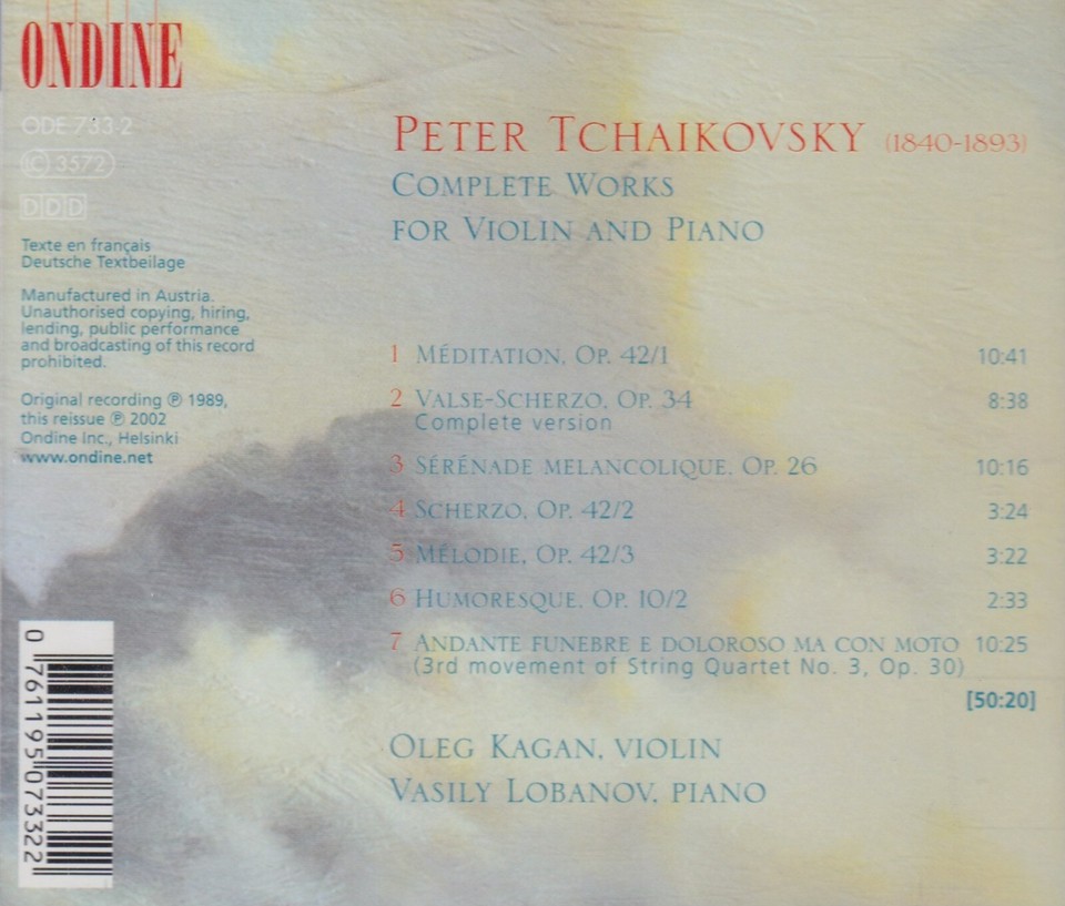 OLEG KAGAN TCHAIKOVSKY COMPLETE WORKS FOR VIOLIN AND PIANO - ONDINE CD ...