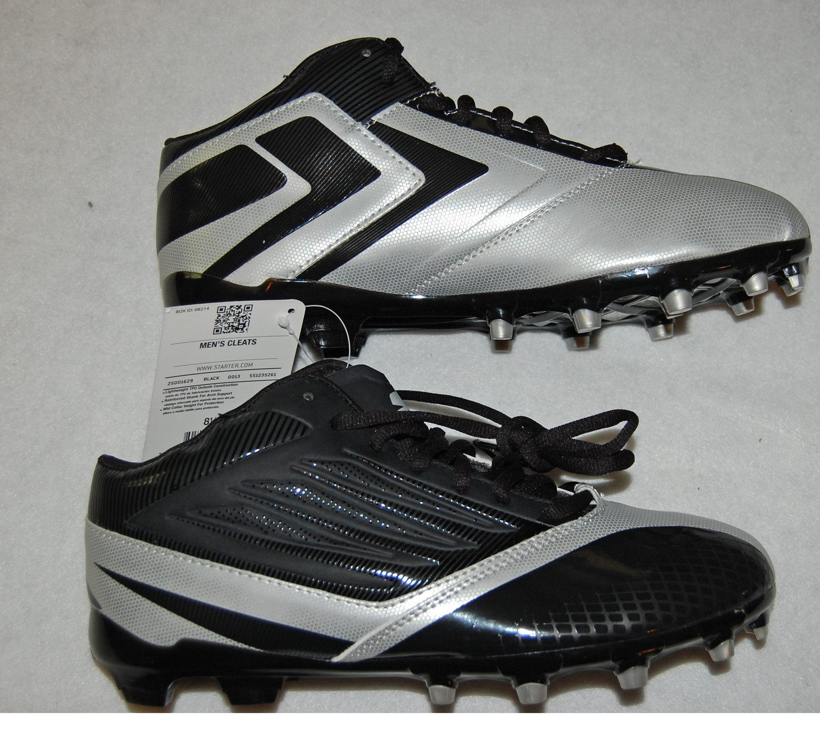 Mens Football Cleats BLACK SILVER Starter Size 8.5 LIGHTWEIGHT Mid ...