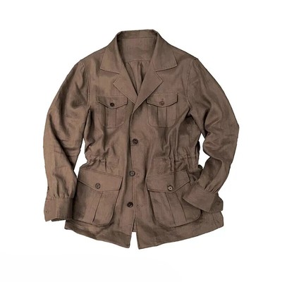 Men 100% Linen Safari Jacket Slim Hunting Coat Casual Pockets Retro ...