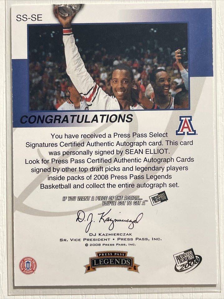 🏀 SEAN ELLIOTT AUTO 2008 PRESS PASS LEGENDS RED INK AUTOGRAPH /50 PRINT ...