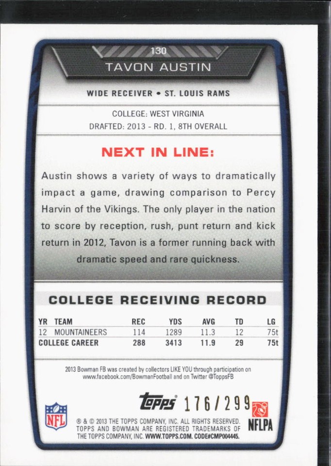 2013 Bowman #130 Tavon Austin Orange #/299 Rookie St. Louis Rams | eBay