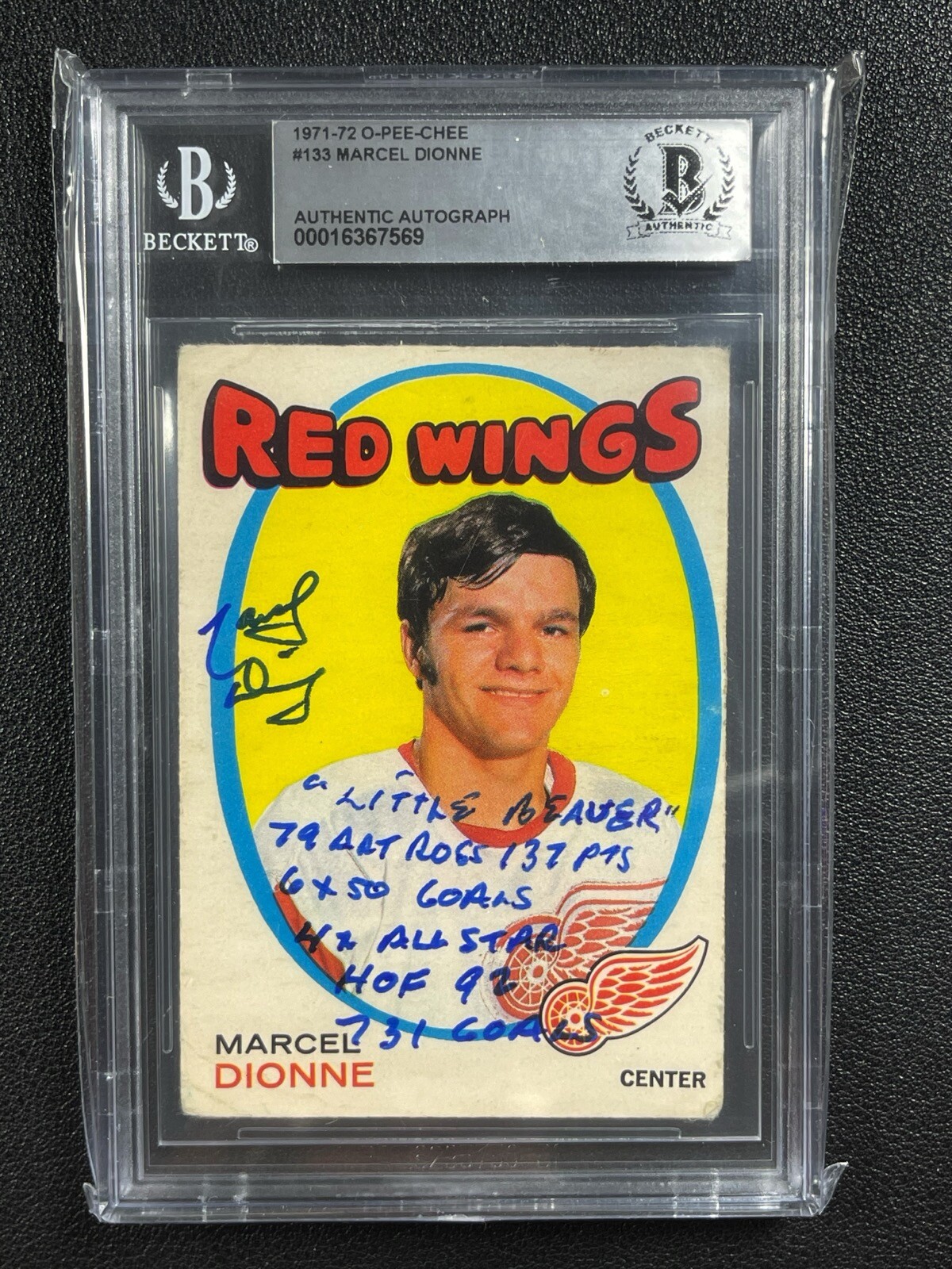 MARCEL DIONNE SIGNED 1971/72 OPC ROOKIE CARD #133 6 INSCRIPTIONS BAS ...