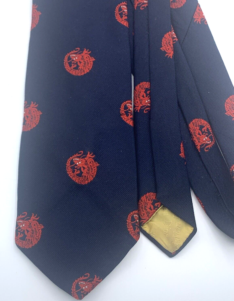 Vtg Christian Dior Dragon Tie Embroidered Navy Blue Red | eBay
