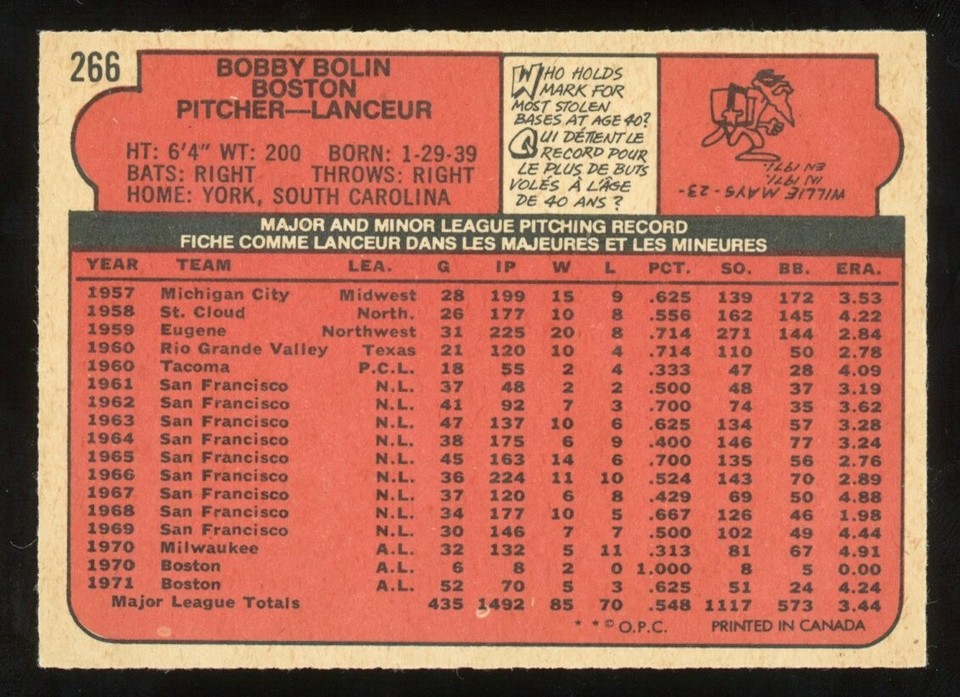1972 TOPPS OPC O PEE CHEE BASEBALL #266 Bobby Bolin NM BOSTON RED SOX ...