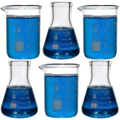 Laboratory Shot Glass Set, 6 Pieces, 50ml Beakers and 50ml Flasks, Boro ...