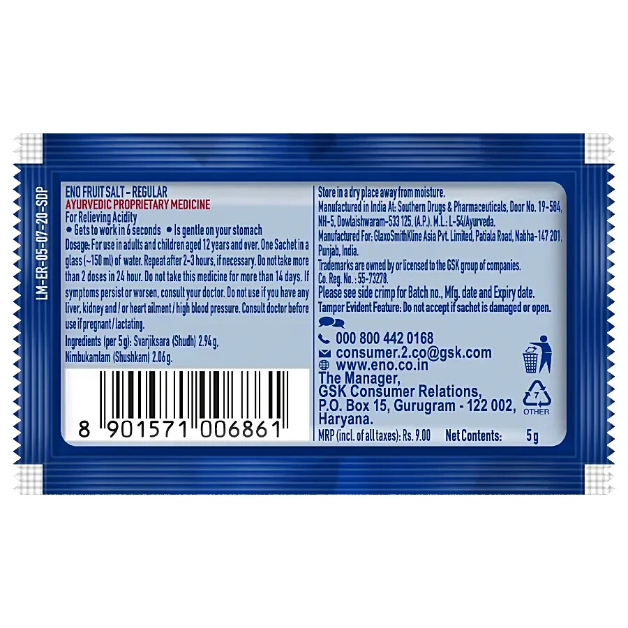 100% Natural Eno Fruit Salt Regular Flavour 30 Sachets X 5g Herbal ...