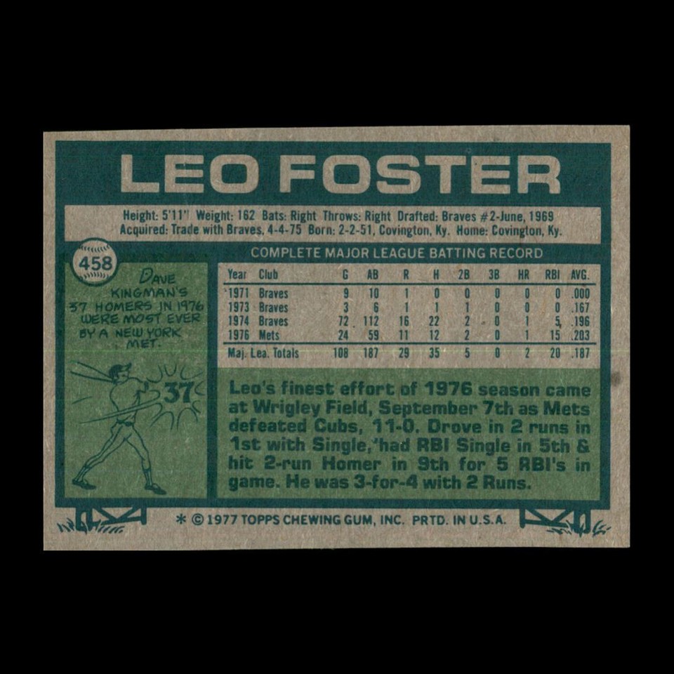 Leo Foster 1977 Topps New York Mets #458 Set Break NICE! | eBay